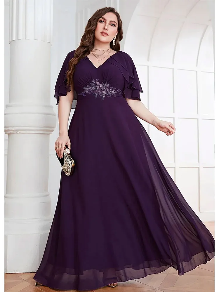 S-7xl-Purple-Shawl-V-Neck-Long-Soumen-Chiffon-Banquet-Dress-Plus-Size ...
