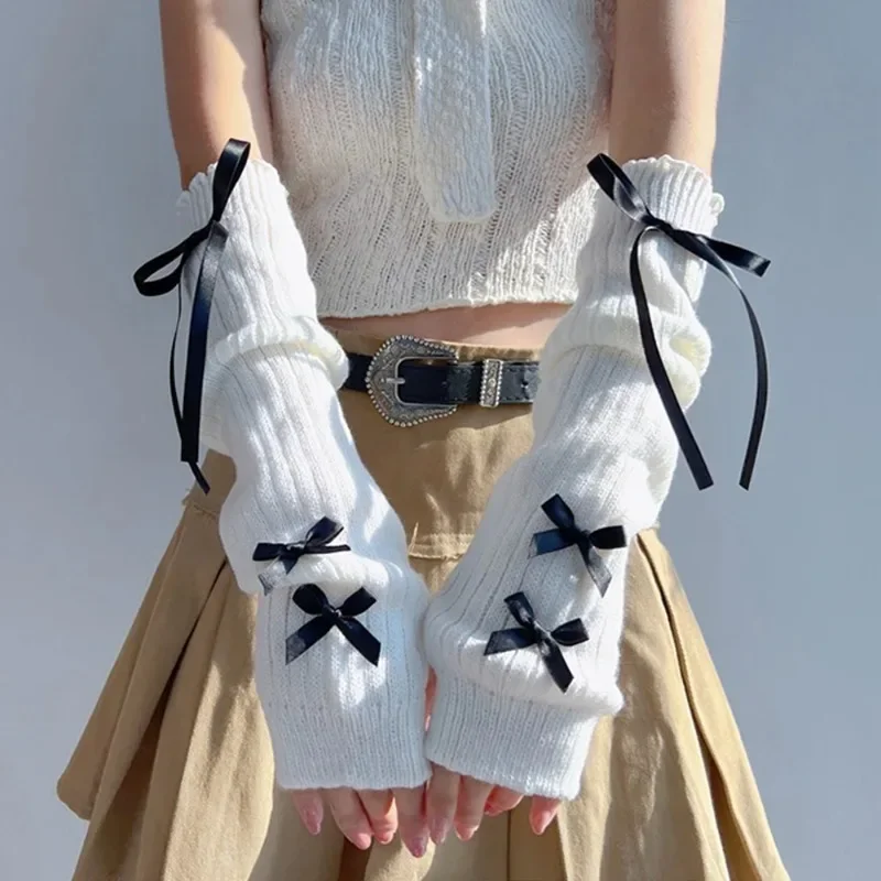 Female Y2K Fashion Arm Warmers Bowknot Soft Knitted Gloves Women Girl ...