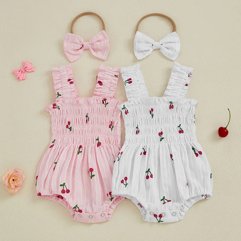 2025 Summer Baby Girl Romper Cherry Print Strap Clothes and Headband ...