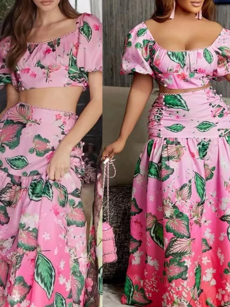 Two Piece Set Women's High Waisted Skirt Backless Top Gradient Printed ...