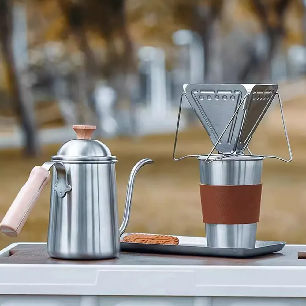 핸드 드립 포트 캠핑 커피 야외 스테인레스 차 주전자 식기 나무 손잡이 필터 컵 콩 연마기 650ml 티몬