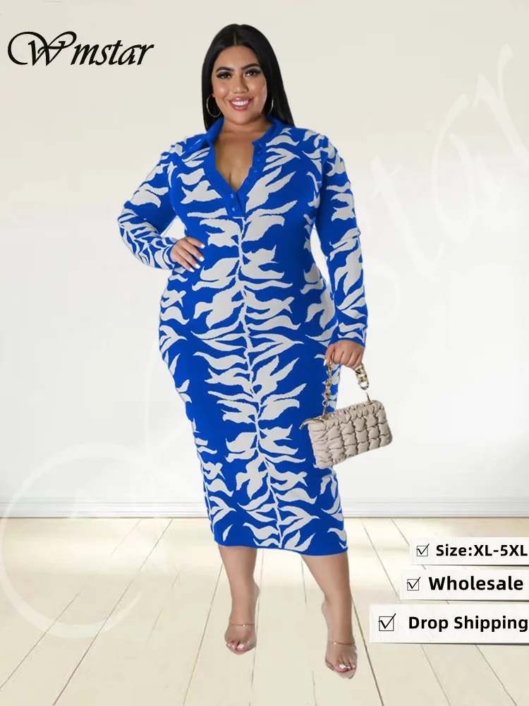 Wmstar Plus Size Dresses For Women Printed V Neck Long Sleeve Shirts