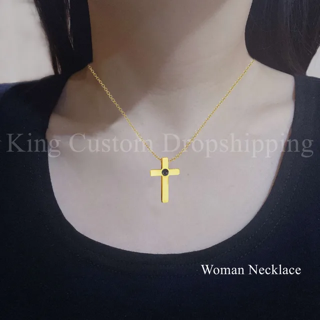 Personalized projection couple cross necklace custom photos can be worn ...