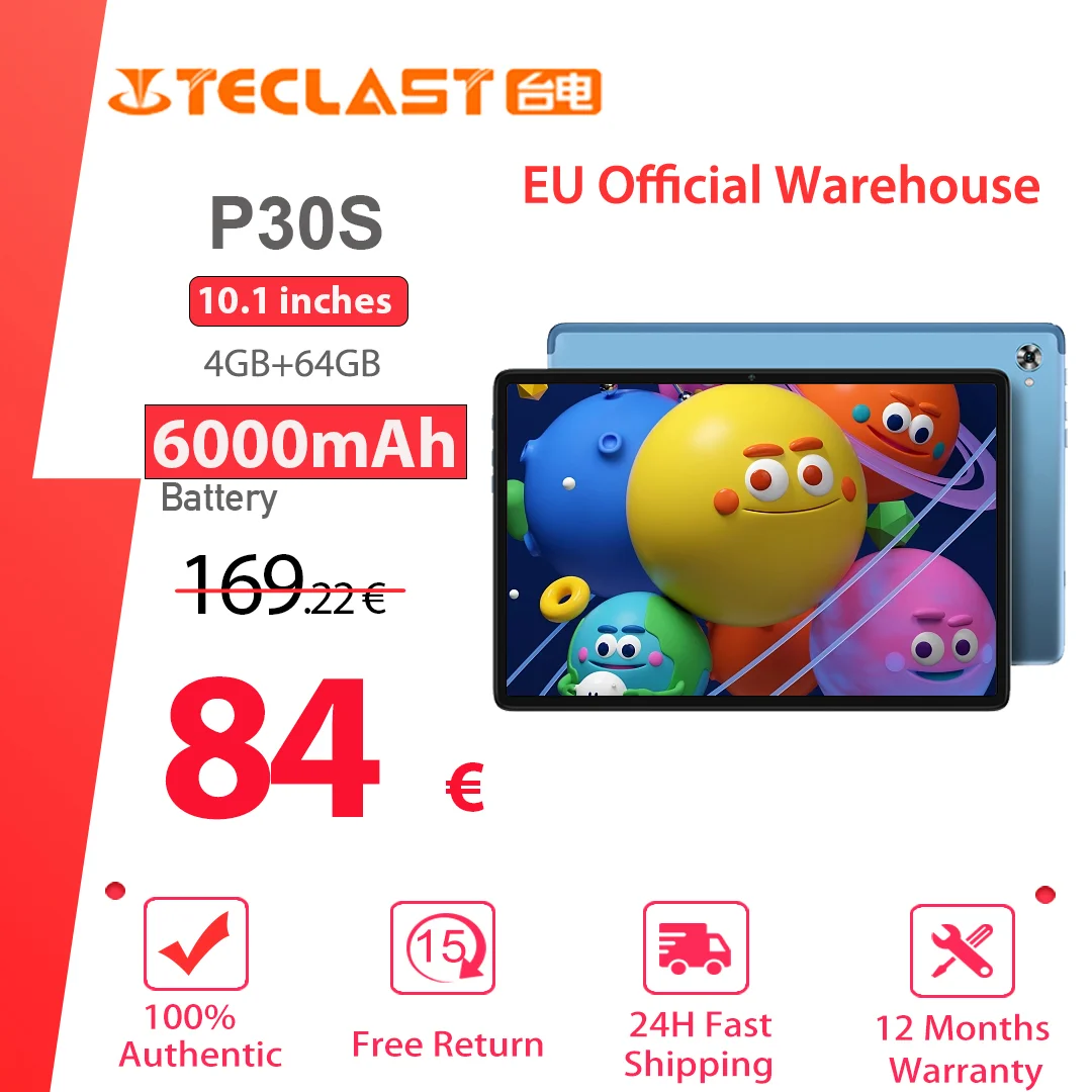 Teclast P30S Tablet 10.1 Inch 1280x800 IPS Android 12 4GB RAM 64GB ROM MT8183 8 cores GPS Type-C ...