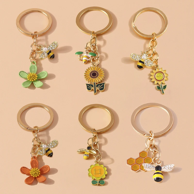 Lovely Enamel Flower Keychain Bee Key Ring Pendant for Women Girls ...