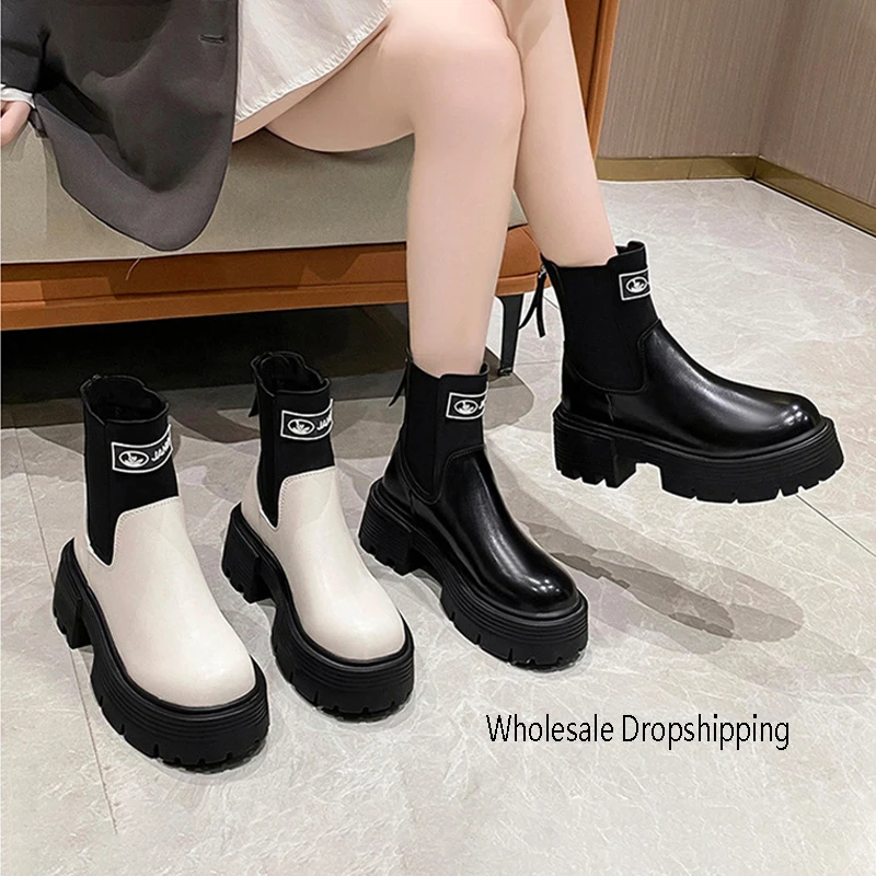 Botas-de-cuero-con-plataforma-gruesa-para-mujer-botines-de-moda-media-g ...