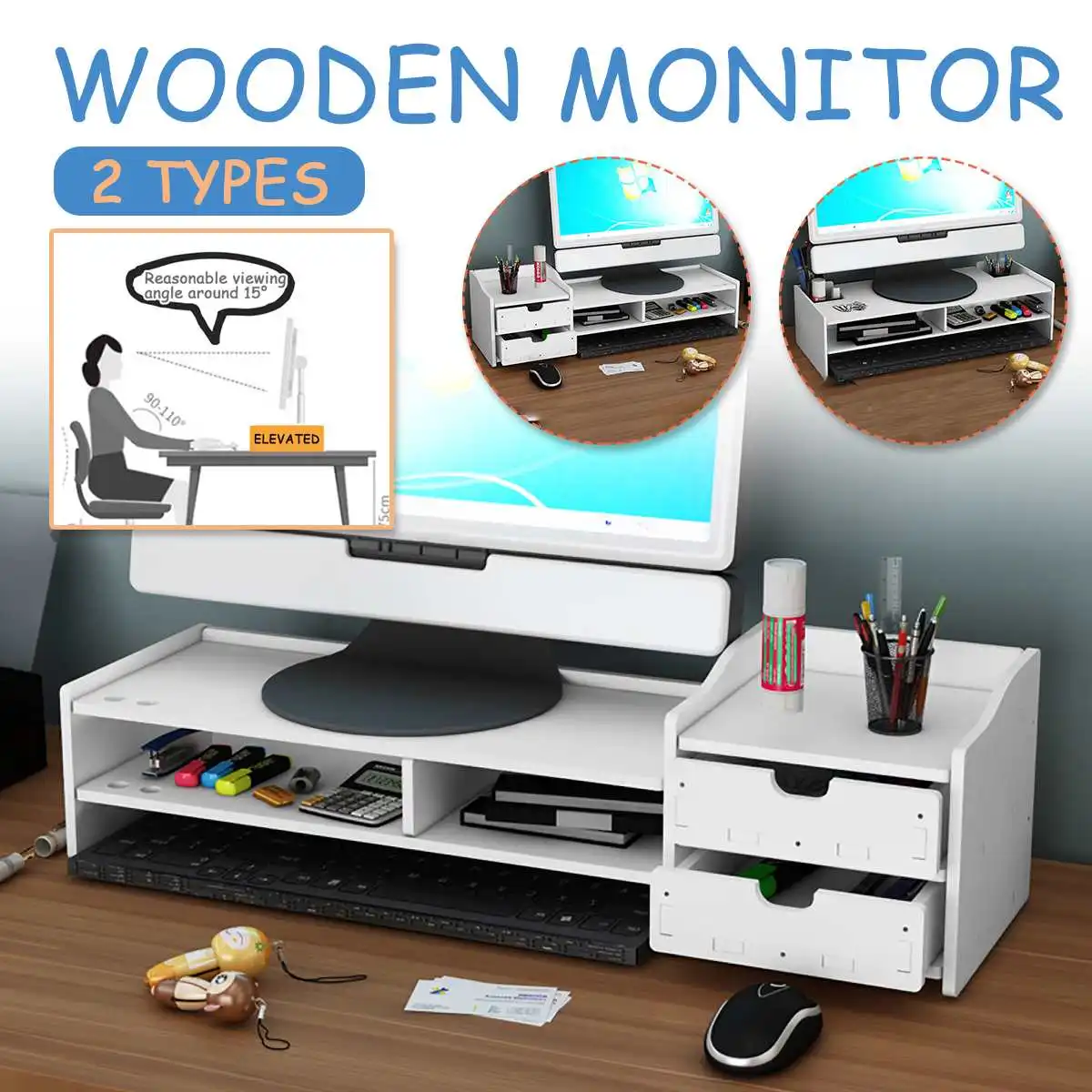 Monitor-Laptop-Stand-PC-Computer-Support-PVC-Wood-Desktop-Shelf-Drawers-Storage-Screen-Riser ...