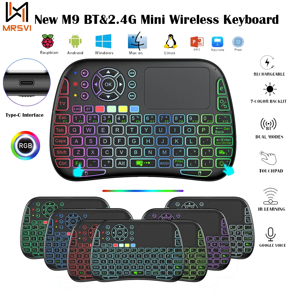 New-M9-BT-2-4G-Mini-Wireless-Keyboard-7-Backlit-Type-C-Voice-IR ...