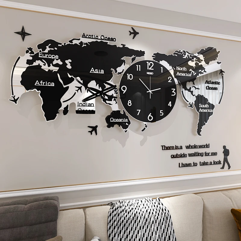 Creative World Map Large Wall Clock Modern Acrylic 3d Clocks Wall Home ...