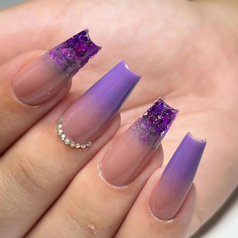 24pcs Long Coffin Purple False Nails Ballet Simple Glitter With Glue ...