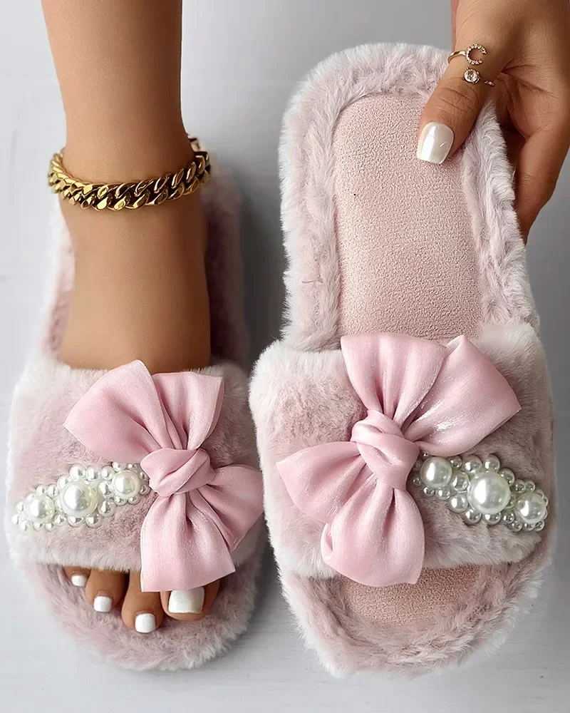 Slipper-Women-s-Fuzzy-Bowknot-Pearls-Decor-Slippers-New-Bow-Tie ...