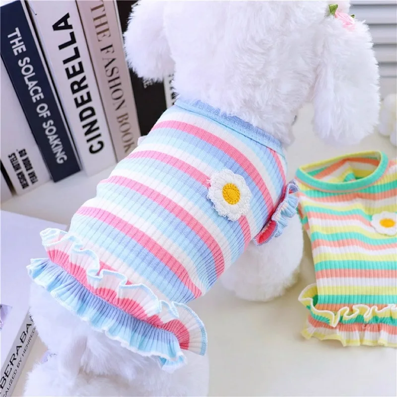Dog Clothes Summer Pet Vest Dog Knitted Dresses Cooling Striped Dog T ...