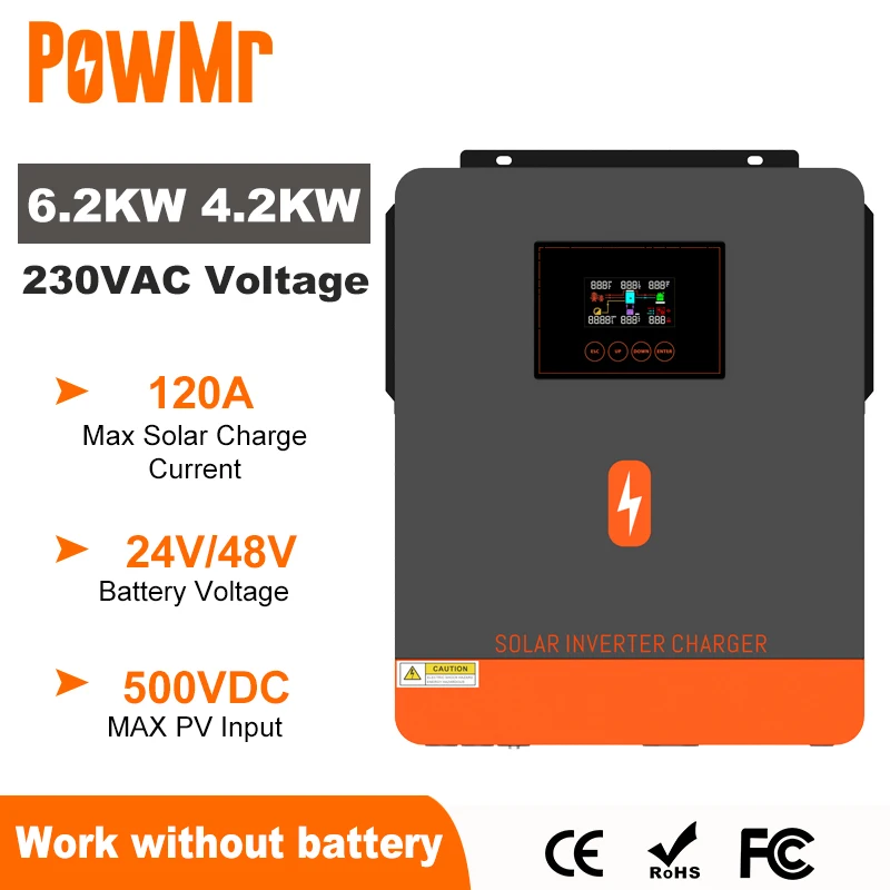 PowMr 6.2KW 4.2KW 3.6KW Hybrid Solar Inverter On Grid Pure Sine Wave Inverter 24V 48V 230V PV ...