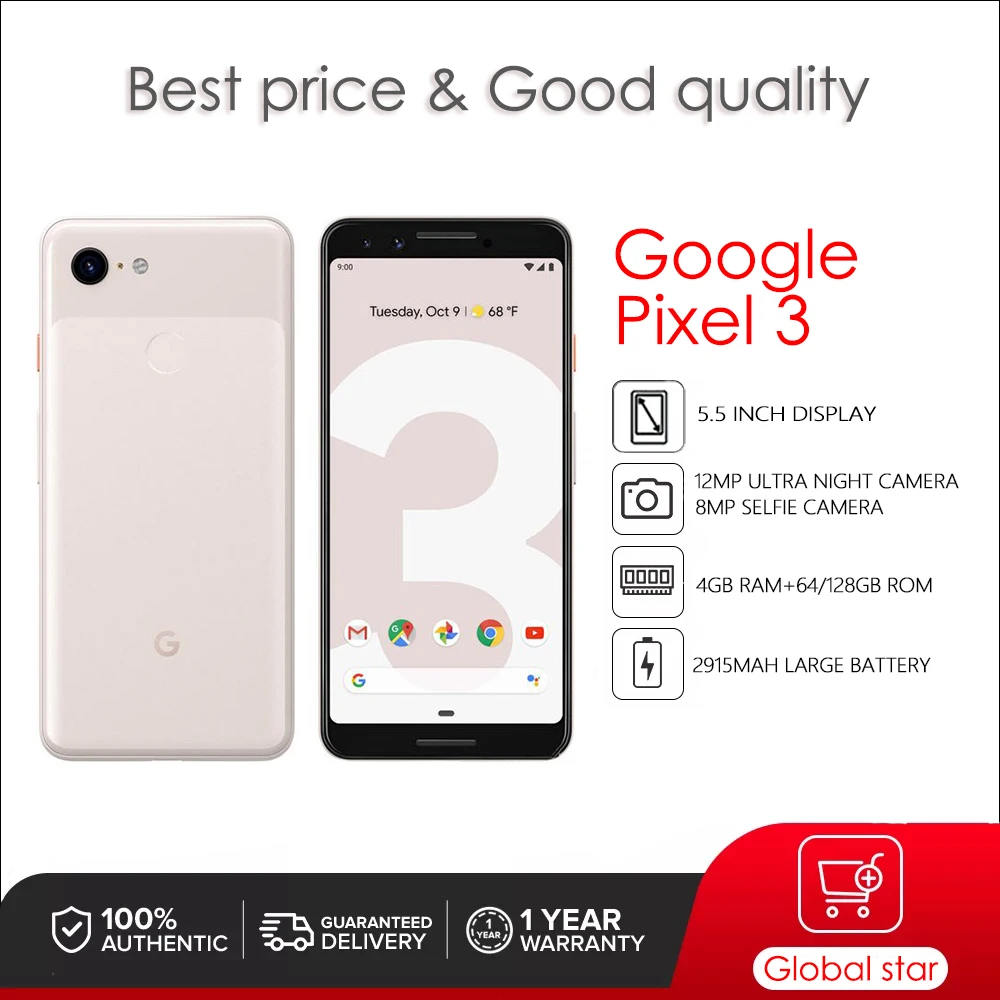 Original Unlocked Google Pixel 3 5.5" 4GB RAM 64/128GB ROM 2915mAh 12MP NFC Octa Core 4G LTE ...