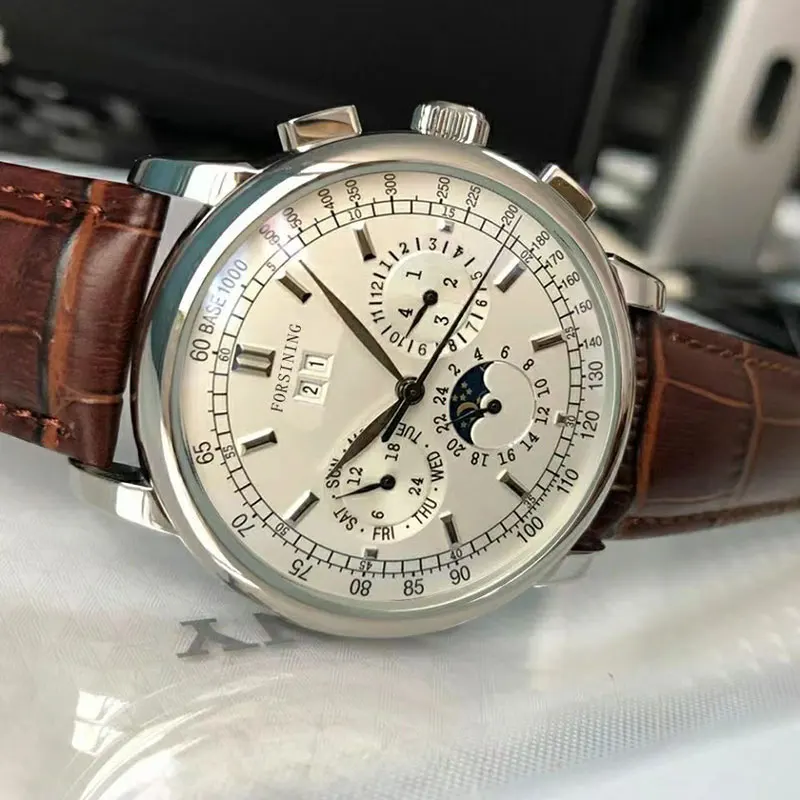 Moon Phase 43mm Mechanical Mens Wristwatches White Dial Silver Year Day ...
