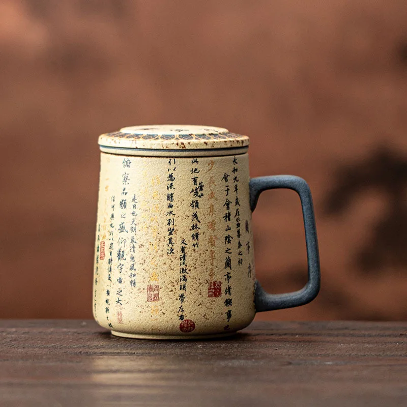 Blue and White Flint Red Ceramic Mug Home Office Orchid Pavilion Sequence Calligraphy with Lid ...