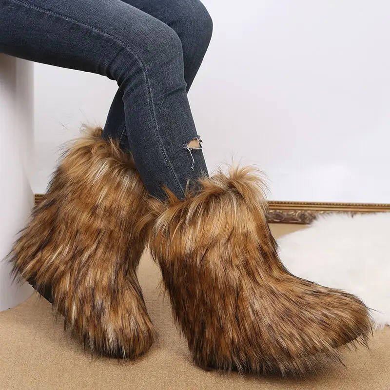 Botas de neve de inverno feminino ao ar livre luxo peludo falso pele de ...