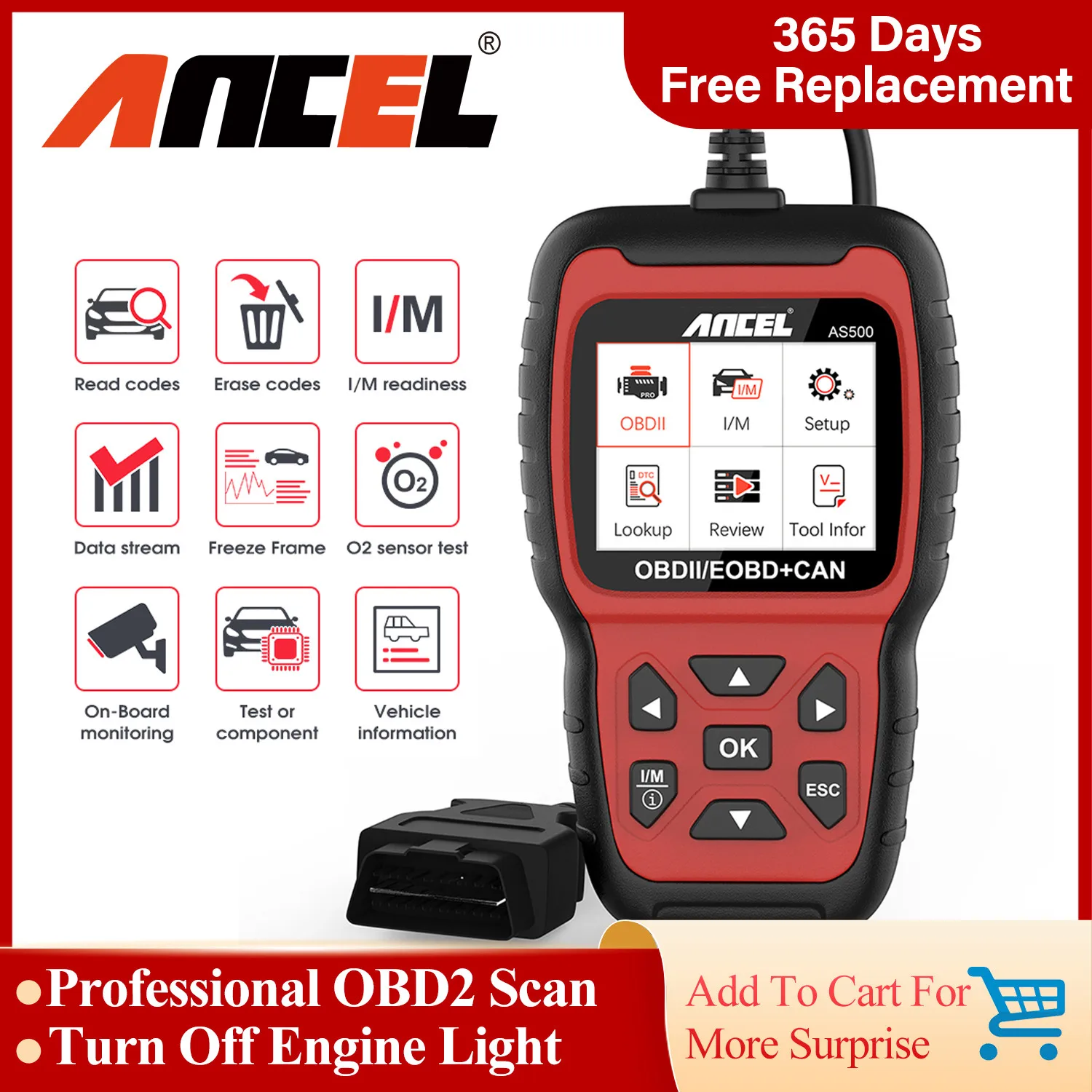 ANCEL AS500 OBD2 스캐너 자동 코드 리더 프로, MIL 엔진 라이트 끄기 OBD 자동차 스캐너 자동차 진단 도구 ...