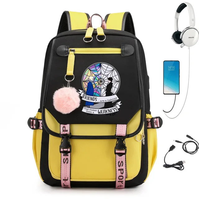 Wednesday Addams Cosplay Backpack USB Charge Laptop SchoolBag Rucksack ...