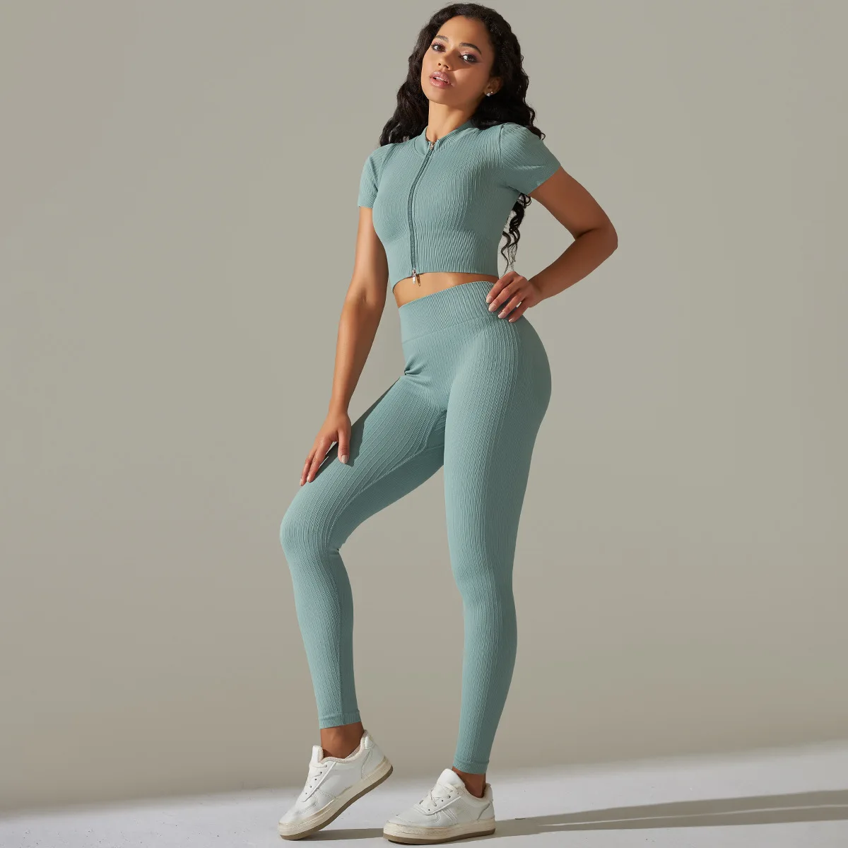 Seamless-Yoga-Set-Ribbed-Workout-Outfits-for-Women-Zipper-Short-Sleeve ...