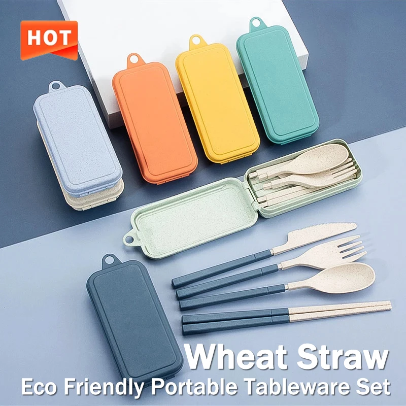 4Pcs Portable Tableware Set Wheat Straw Dinnerware Detachable Cutlery ...