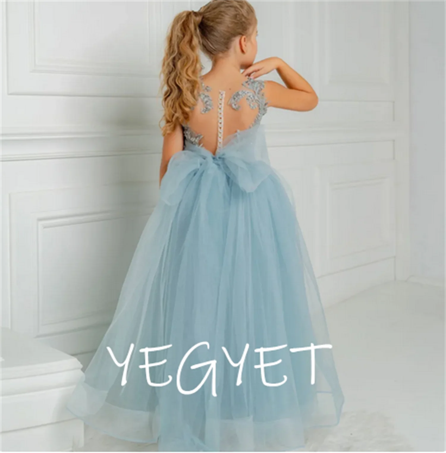 Blue-Cute-Flower-Girl-Dresses-A-Line-Tulle-Bow-Back-O-Neck-Sleeveless ...