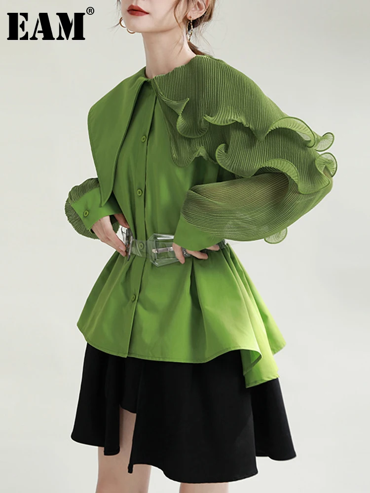 EAM-Women-Green-Pleated-Belted-Big-Size-Blouse-New-Lapel-Long-Sleeve ...