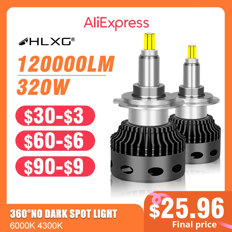 Hlxg-LED車のヘッドライト電球,h7,canbus 360 h11 h1 h4 120000lm 320w,hb3 hb4 hir2 9005 h8 d2s d4s用プロジェクター ...