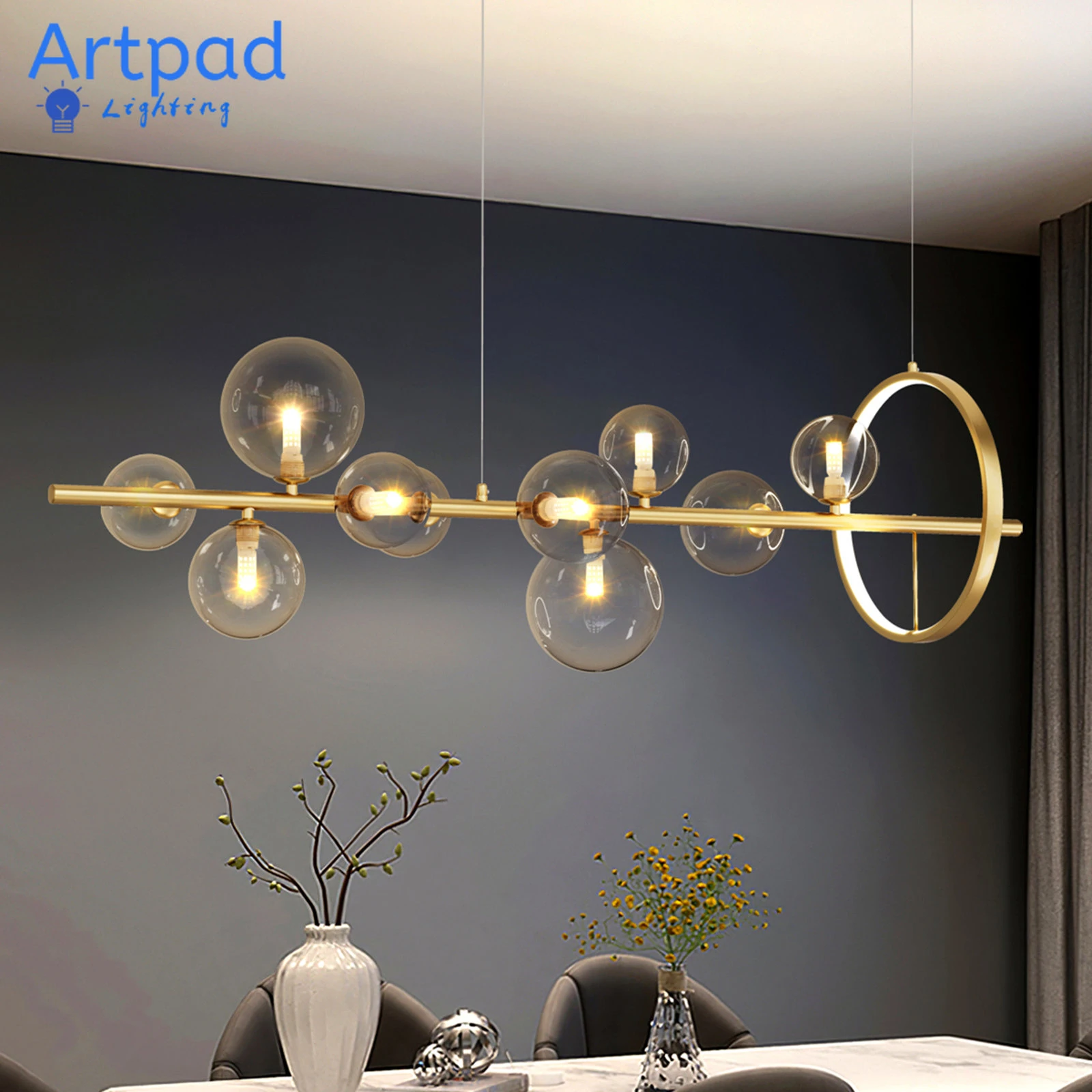 Modern Gold Luster Chandelier LED Lighting 7/10 Glass Bubble Lampshade ...