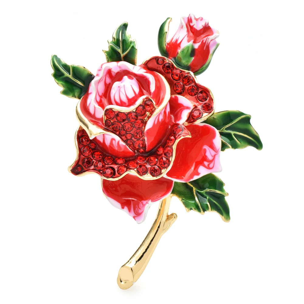 Wuli&baby Enamel Flower Brooches For Women Unisex Red Rhinestone ...