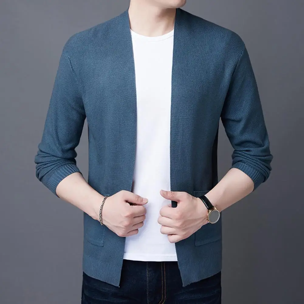 Men-Cardigan-Spring-Autumn-Open-Front-Sweater-Coat-Solid-Color-Knitting ...