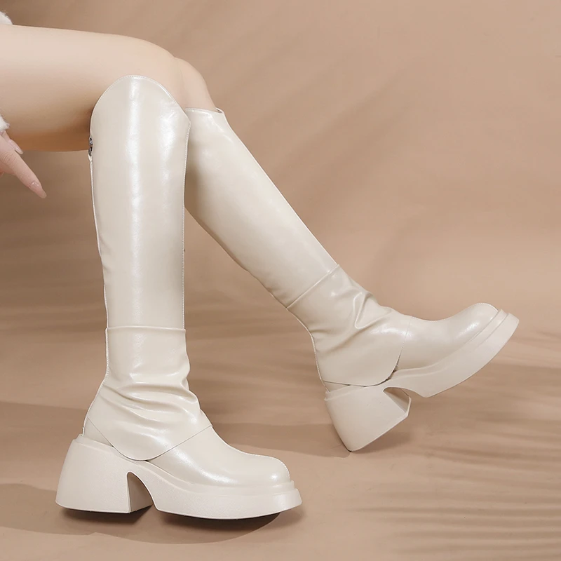 Knee High White Platform Boots | White Platform Boots Womens - Platform ...