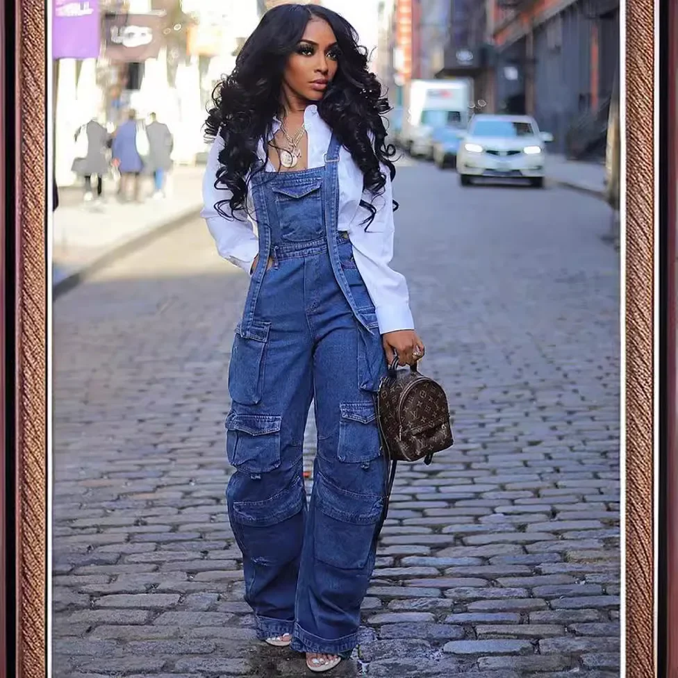 Women's Loose Denim Overalls Multi-Pocket Fashionable Streetwear Spring ...