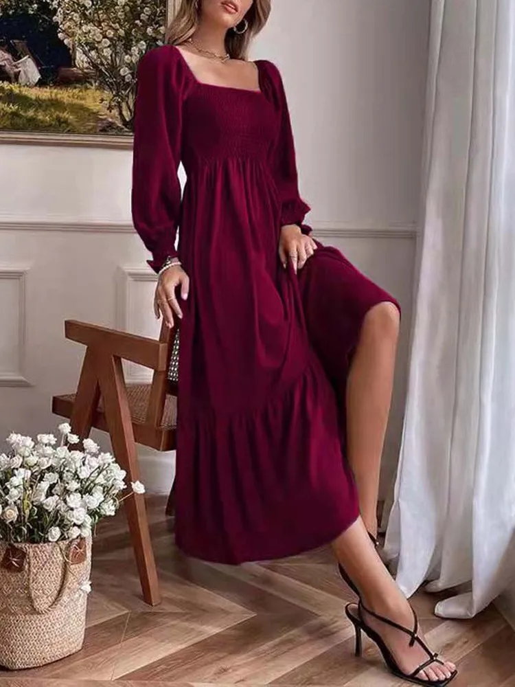 2023 outono elegante vestido longo feminino plissado vestidos de festa senhoras cintura alta ...