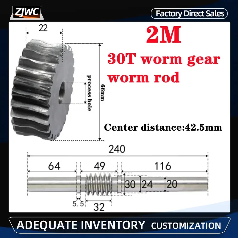 1pcs 2 Modulus 30 Teeth reducer worm gear Process hole and 2M worm rod transmission ratio 1:30 ...