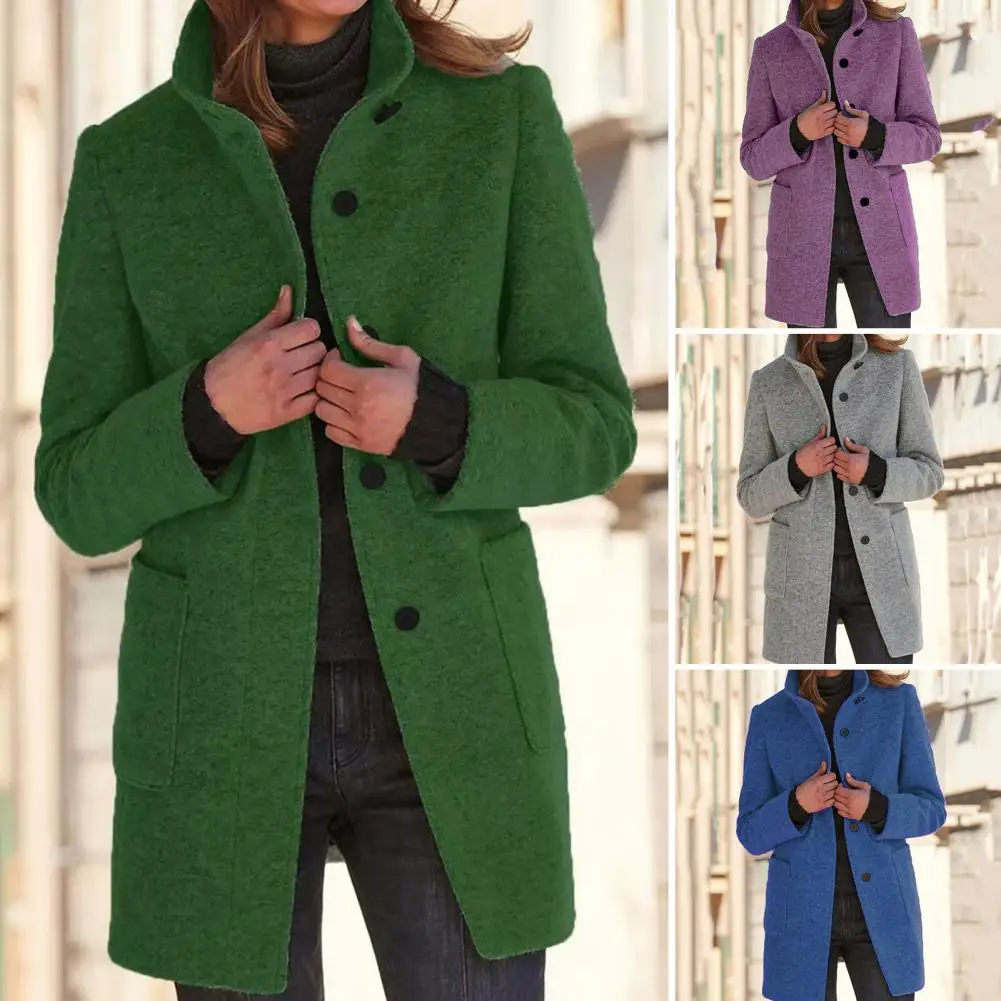 Trendy Women Overcoat Stand Collar Solid Color Buttons Pure Color Women ...