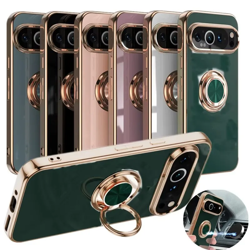 Luxury Plating Metal Ring Holder Magnetic Phone Case with Fold Back ...