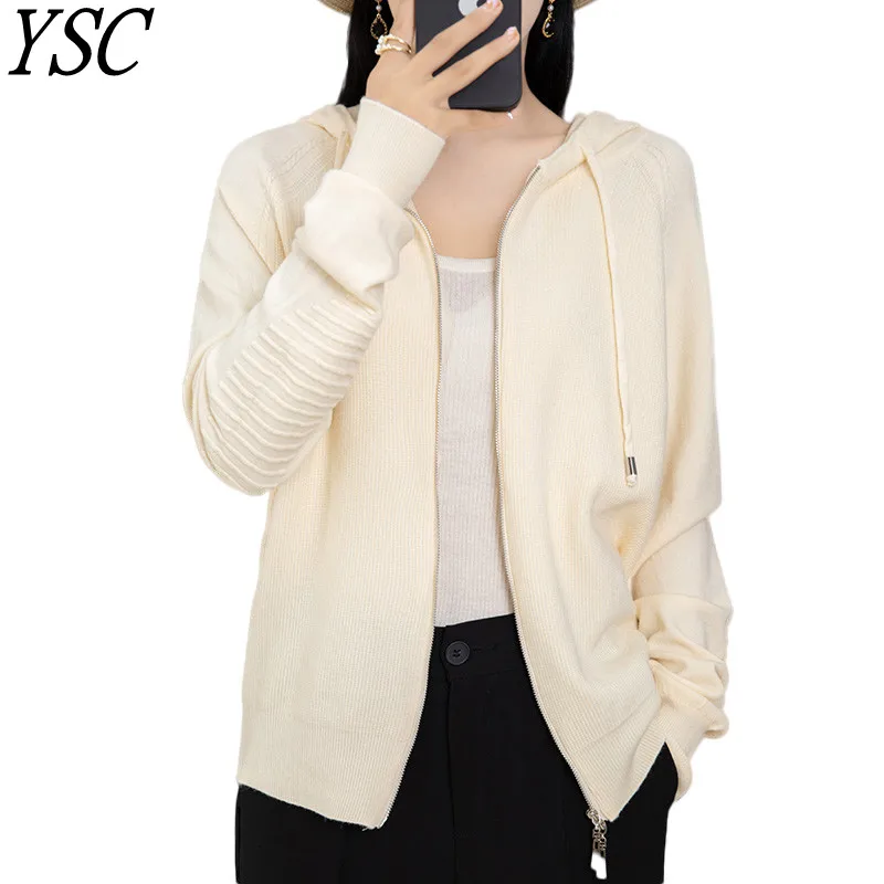 YSC-2023-autumn-New-patch-pattern-Women-Knitted-Cashmere-blend-Cardigan-Hooded-collar-Vertical ...