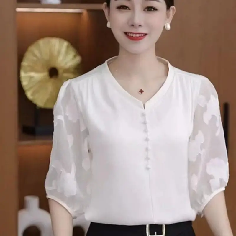 Lady-Button-Short-Sleeve-Simplicity-Blouses-Loose-Solid-Color-O-neck ...