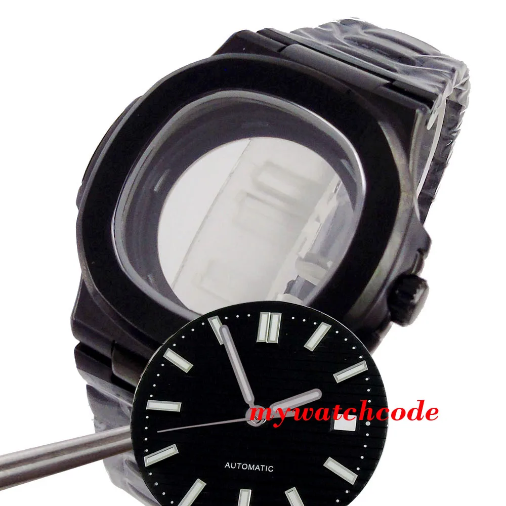 Black-PVD-40mm-Square-Watch-Case-Glass-Back-Sterile-Dial-Hands-Set-Fit ...
