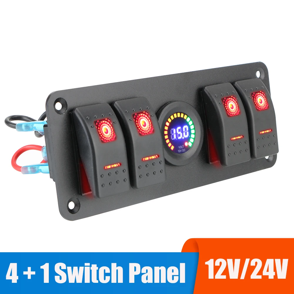 12V-24V-Truck-Switch-Panel-4-Gang-Button-Circuit-Breaker-LED-Volt-Meter ...