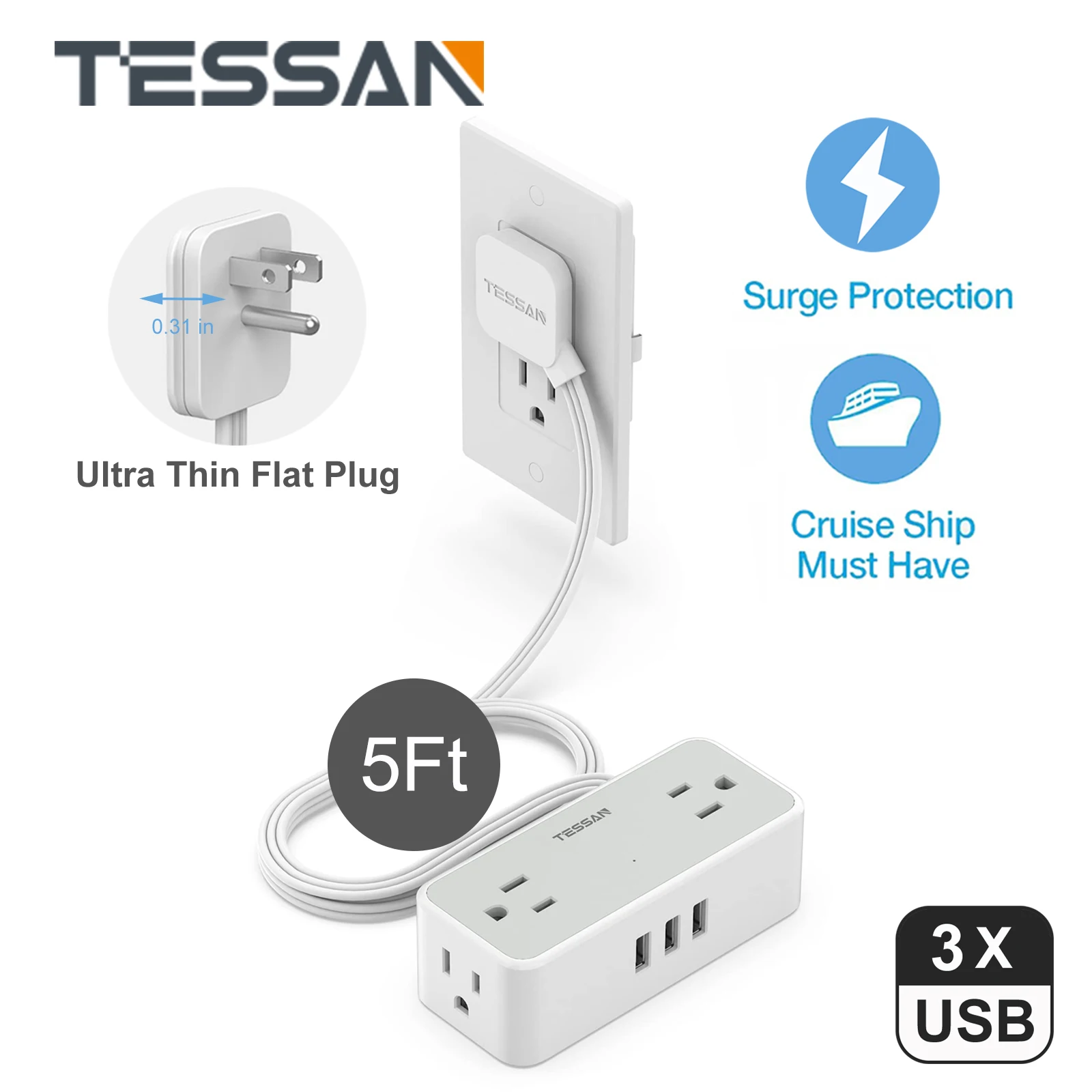TESSAN-Surge-Protector-Flat-Plug-Power-Strip-4-Wide-Spaced-AC-Outlets-3 ...