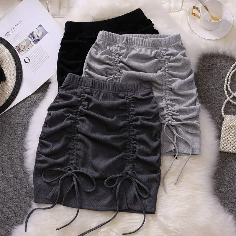 Draw String Cotton Mini Skirt Girls Summer Elastic Waist Grey Black ...