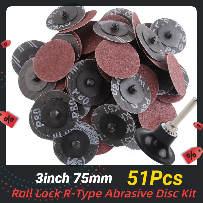 51PCS-3Inch-75mm-Roll-Lock-R-Type-Quick-Change-Discs-Red-Grain-Sanding ...