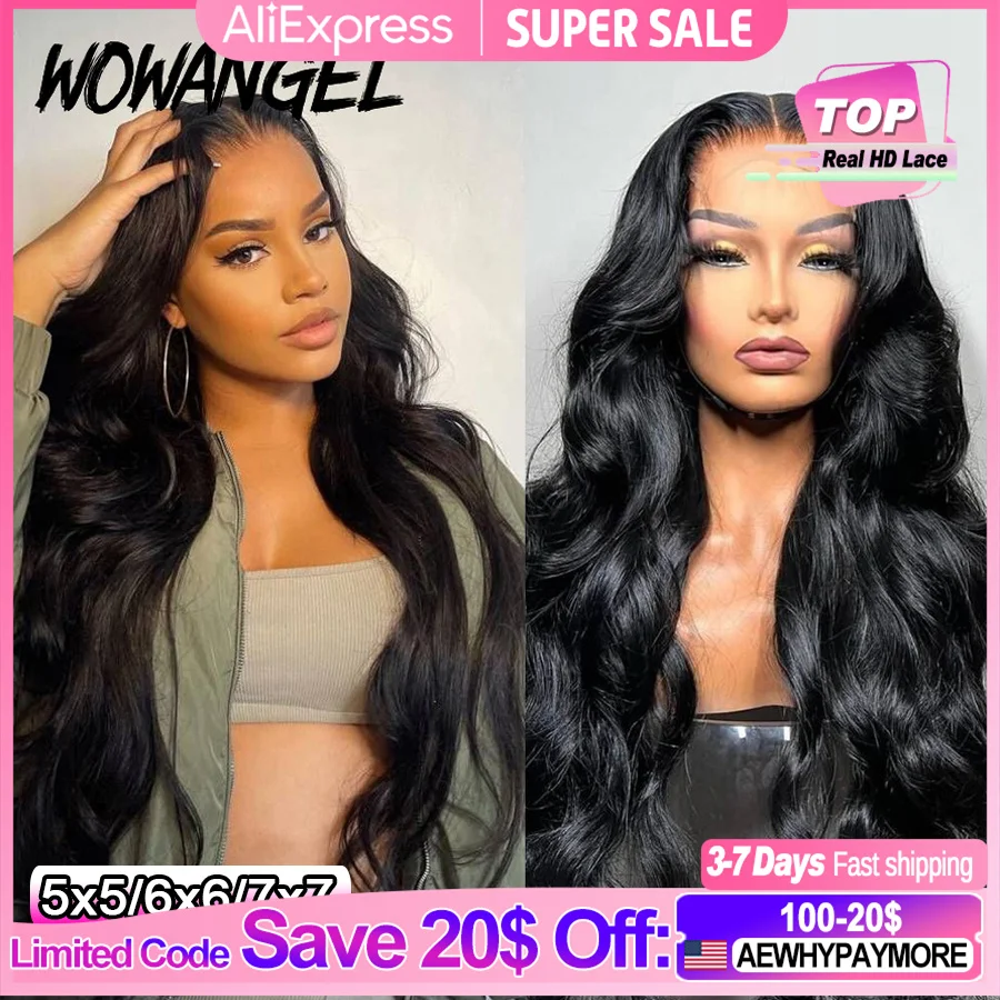 Wow Angel Glueless 250% Real HD Lace Closure Wigs 7X7/6x6/5X5 HD Closure Wig Body Wave Pre ...