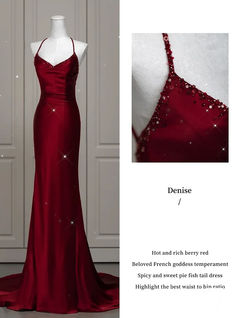 Wine Red Prom Dress Sexy V neck Ribbon Lace Up Beading Mermaid Backless ...