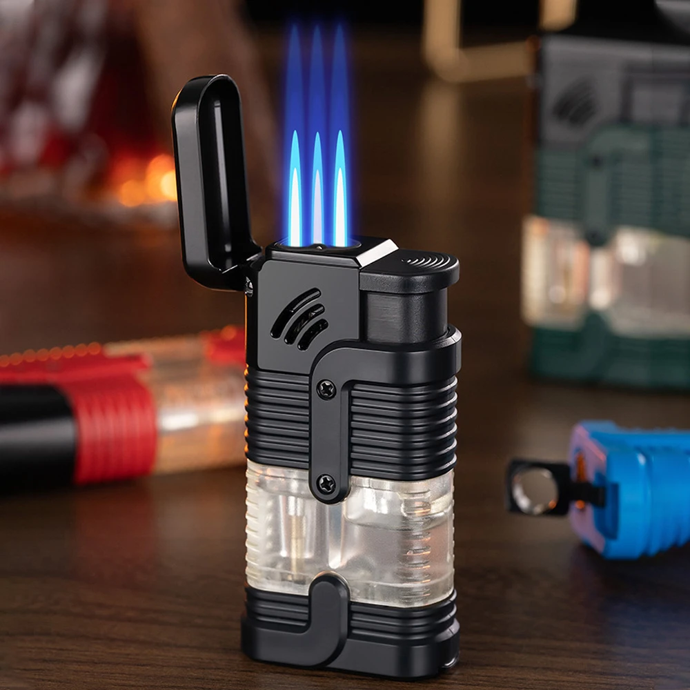 Windproof-Three-Flame-Jet-Lighter-Transparent-Gas-Box-Sharp-Cigar ...