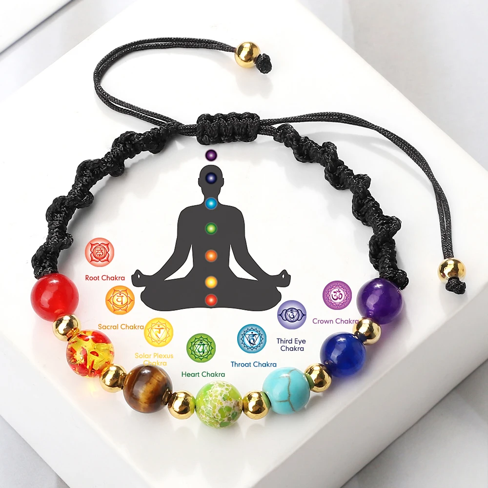 Reiki 7 Chakra Bracelet Natural Stone Rope Braided Yoga Healing Gold Reiki 7 Chakra Bracelet Natural Stone Rope Braided Yoga Healing Gold