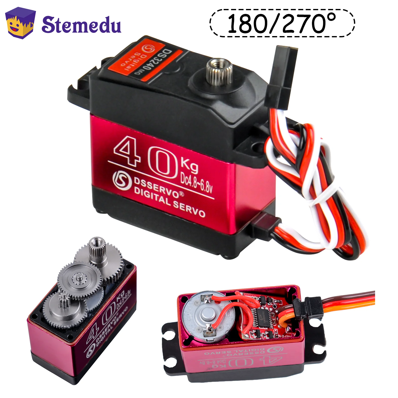 40KG 6V DS3240 대형 토크 디지털 서보 모터 180/270도 방수 IP66 25T 서보 암 포함 RC 자동차 보트 1 ...