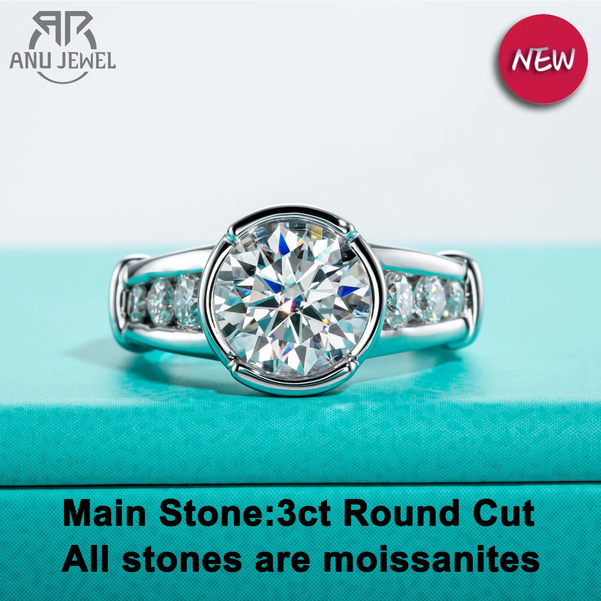 AnuJewel 3ct Round Cut D Color Moissanite Engagement Rings 18K Gold ...